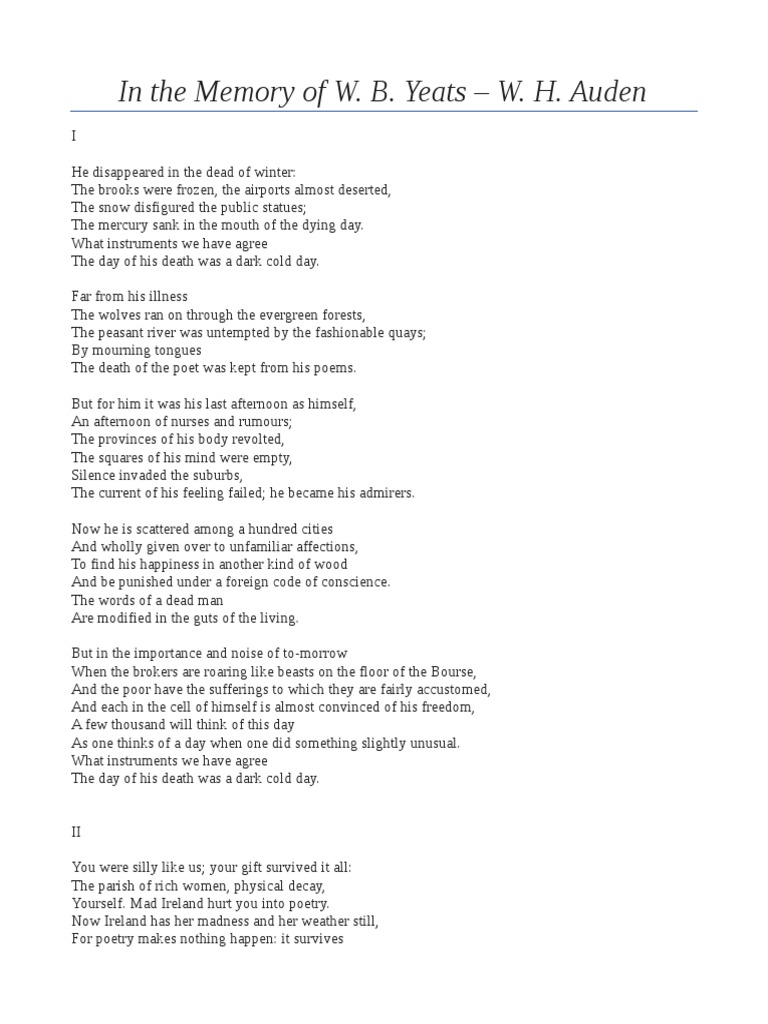 In The Memory of W. B. Yeats | PDF | W. B. Yeats | Poetry