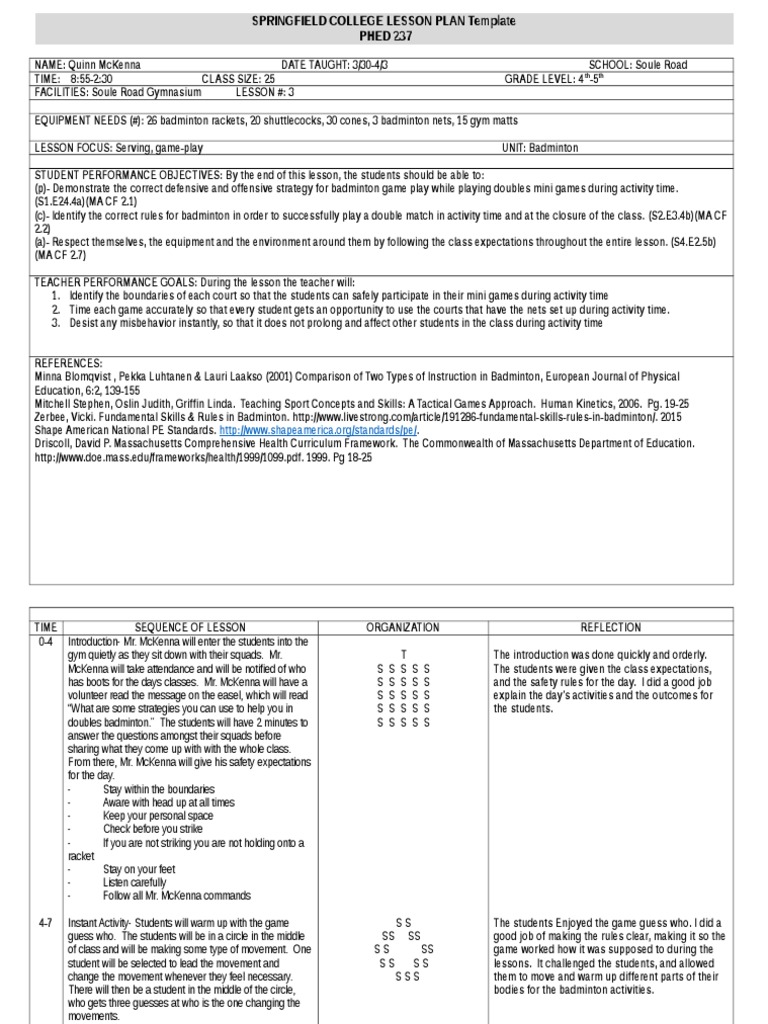 Badminton Lesson Plan | Racquet Sports | Sports