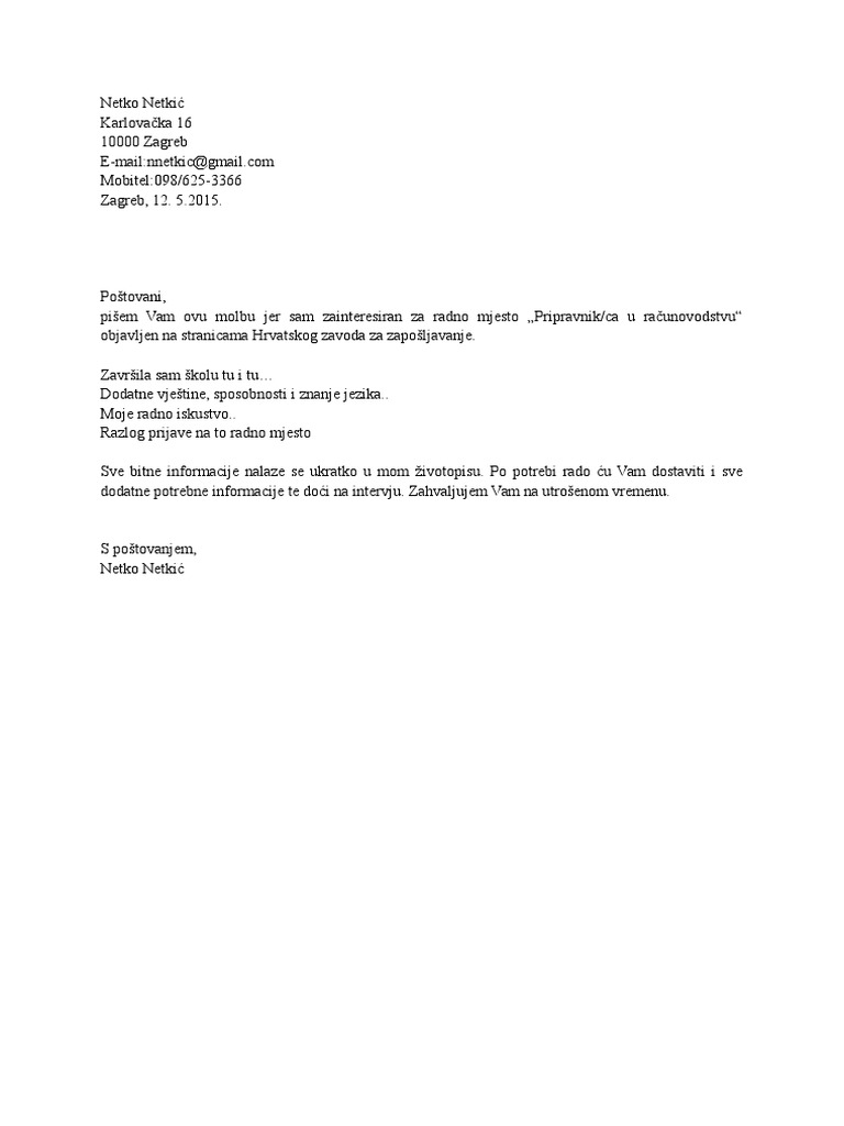 Zamolba Za Posao Primjer | PDF