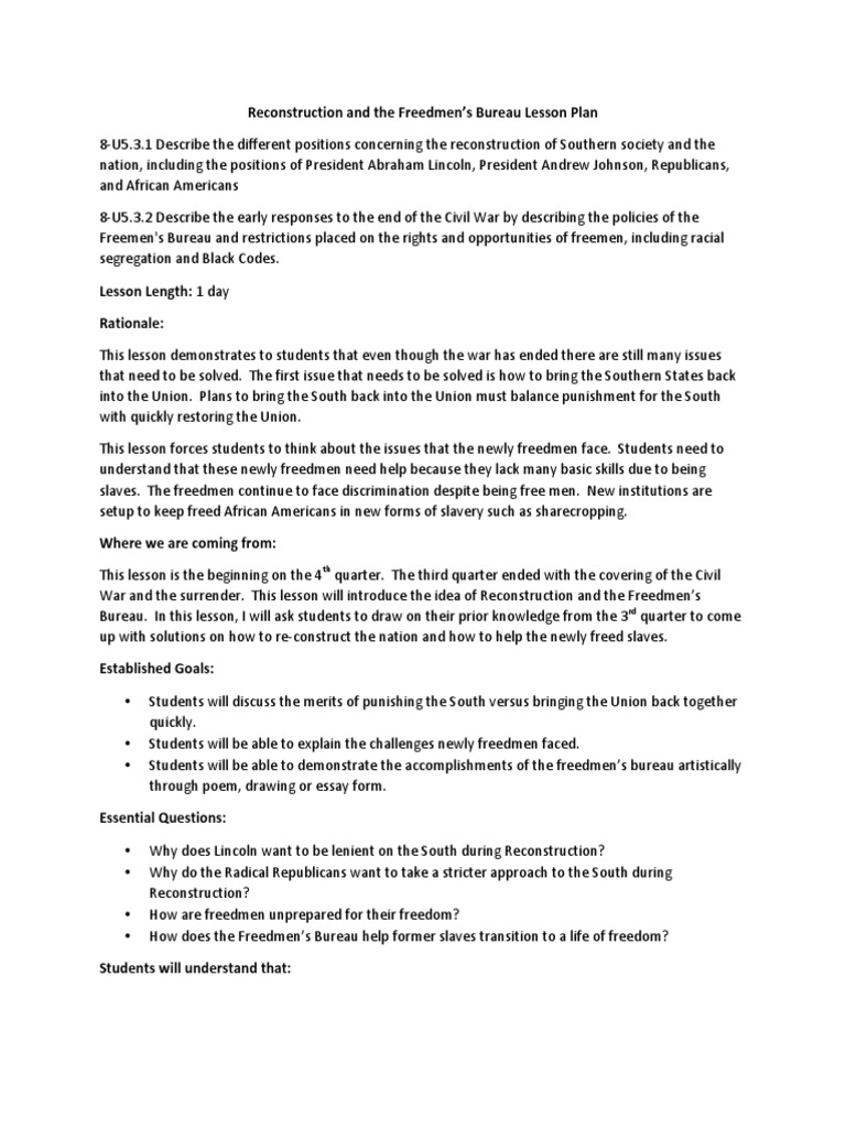 Reconstruction and Freedmen's Bureau Plan | PDF | Reconstruction Era ...