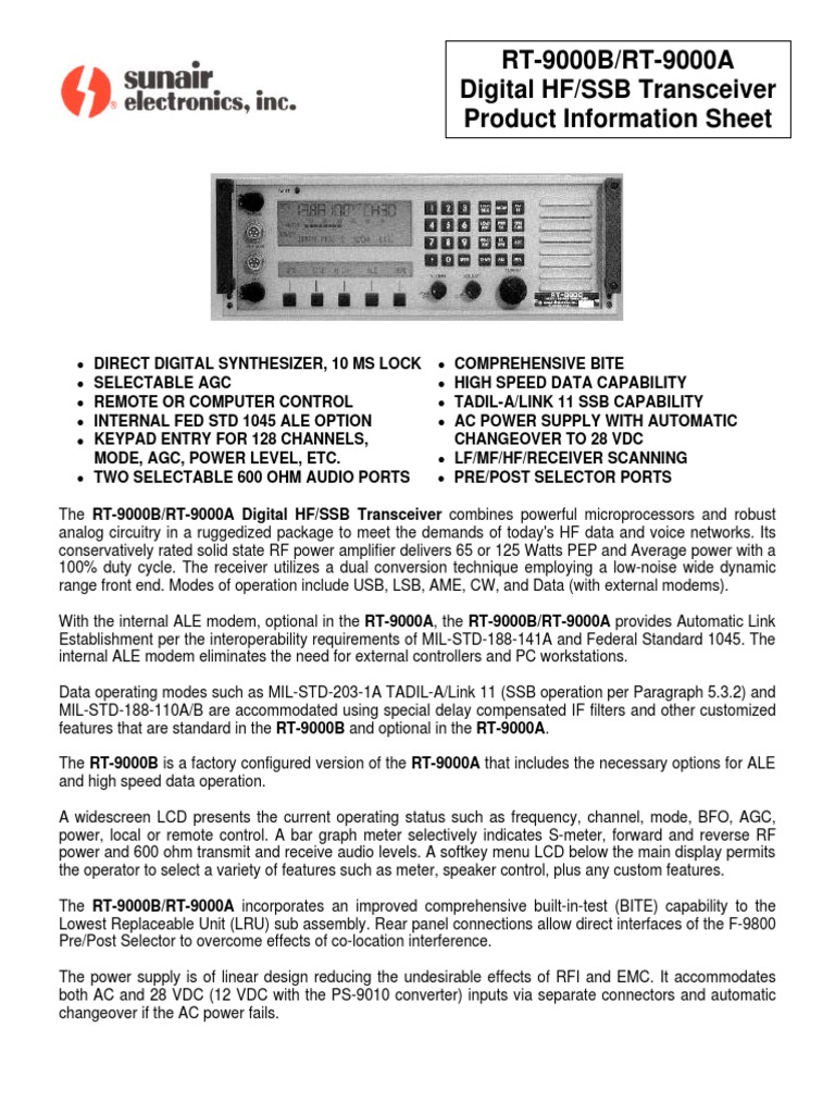 Sunair RT-9000B Datasheet | PDF | Modem | Power Supply