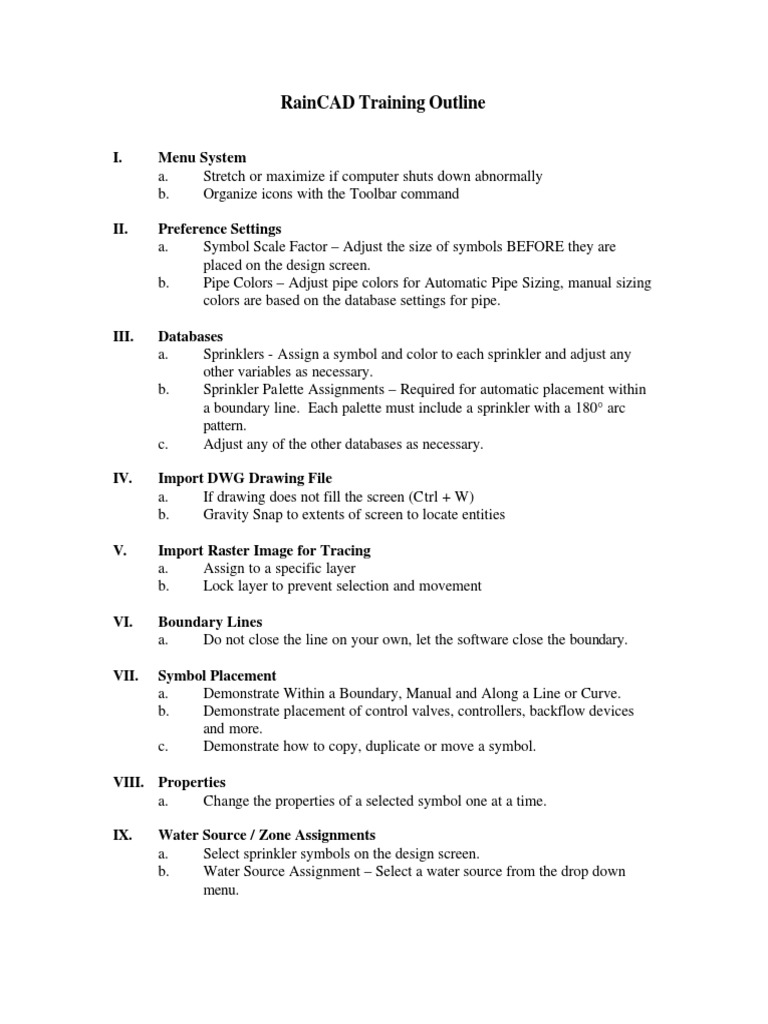 Raincad Training Outline: I. Menu System | PDF