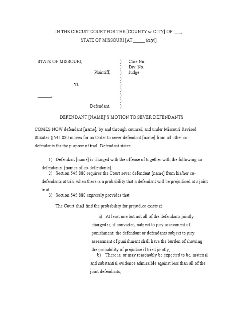 Motion To Sever Defendants | PDF | Prejudice (Legal Term) | Criminal ...