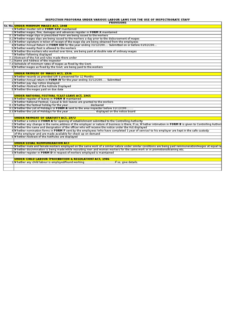 Inspection Proforma - Labour Laws | Download Free PDF | Labour ...