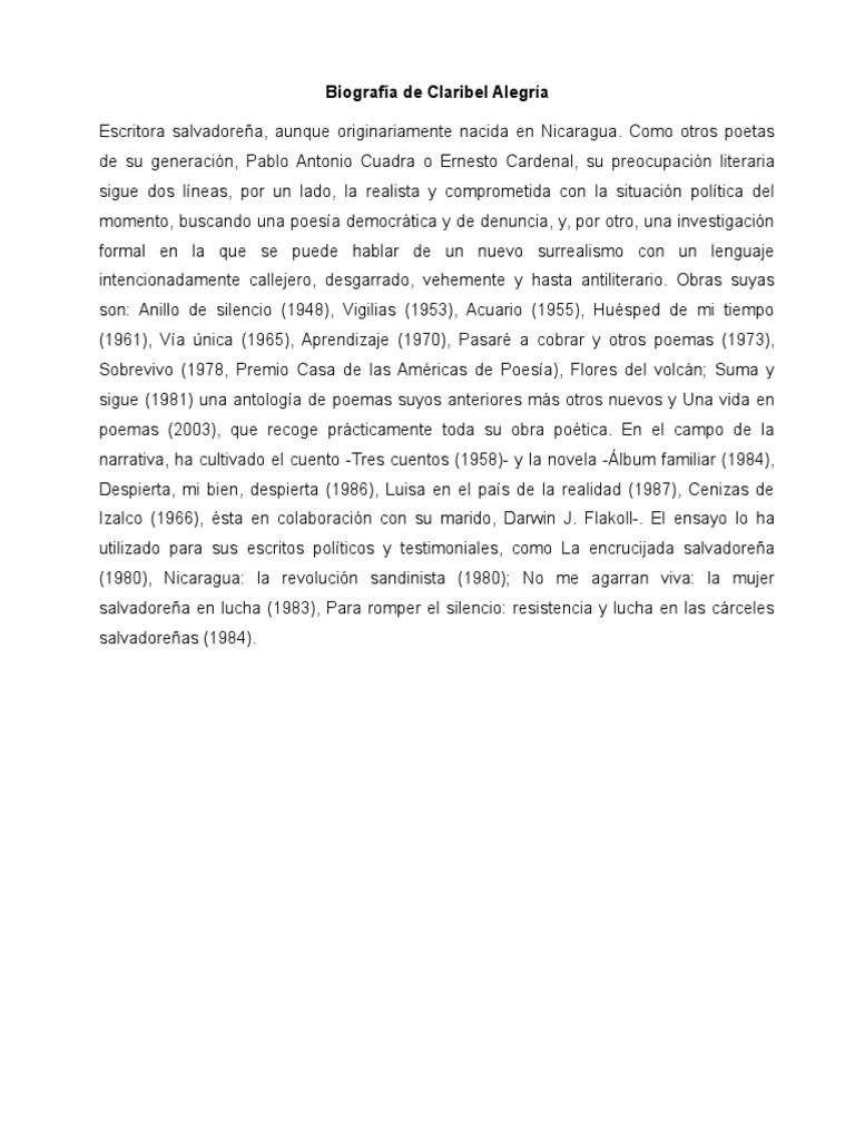 Biografía de Claribel Alegría | PDF | Poesía | Clásicos