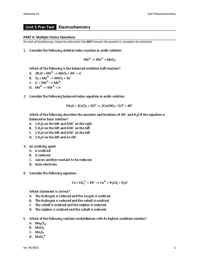 Electrochemistry Pre-Test Questions | PDF | Redox | Electrochemistry