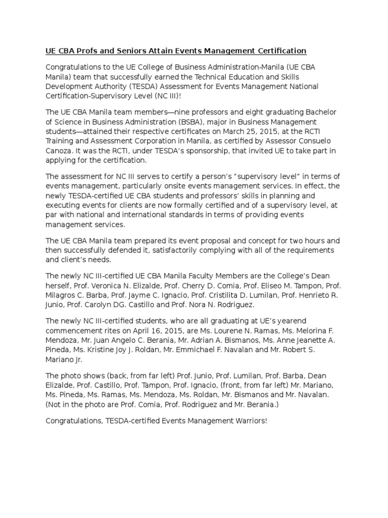 UE CBA Team Earns Events Management Certification | PDF | Vocational ...