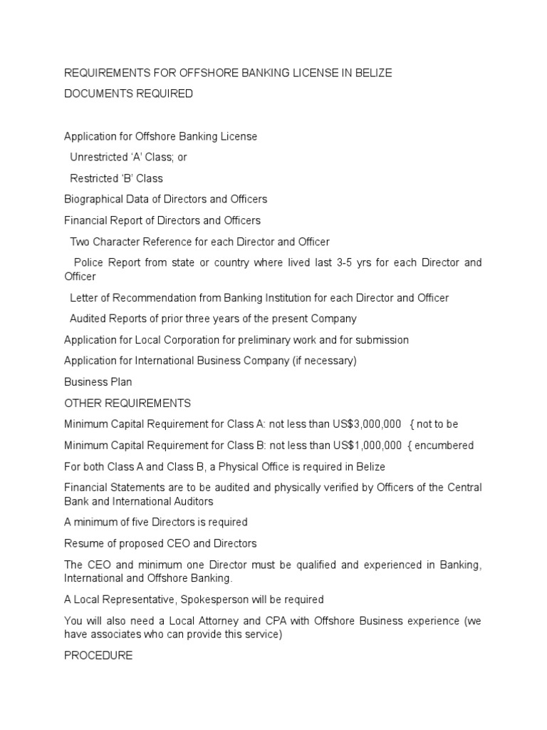 Requirements For Offshore Banking License in Belize | PDF | Debits And ...