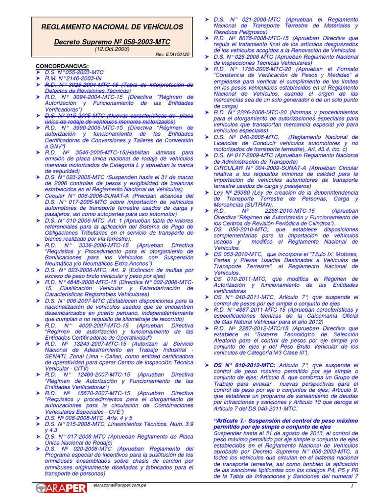 DS 058 2003 MTC PDF | PDF | Eje | Vehículos