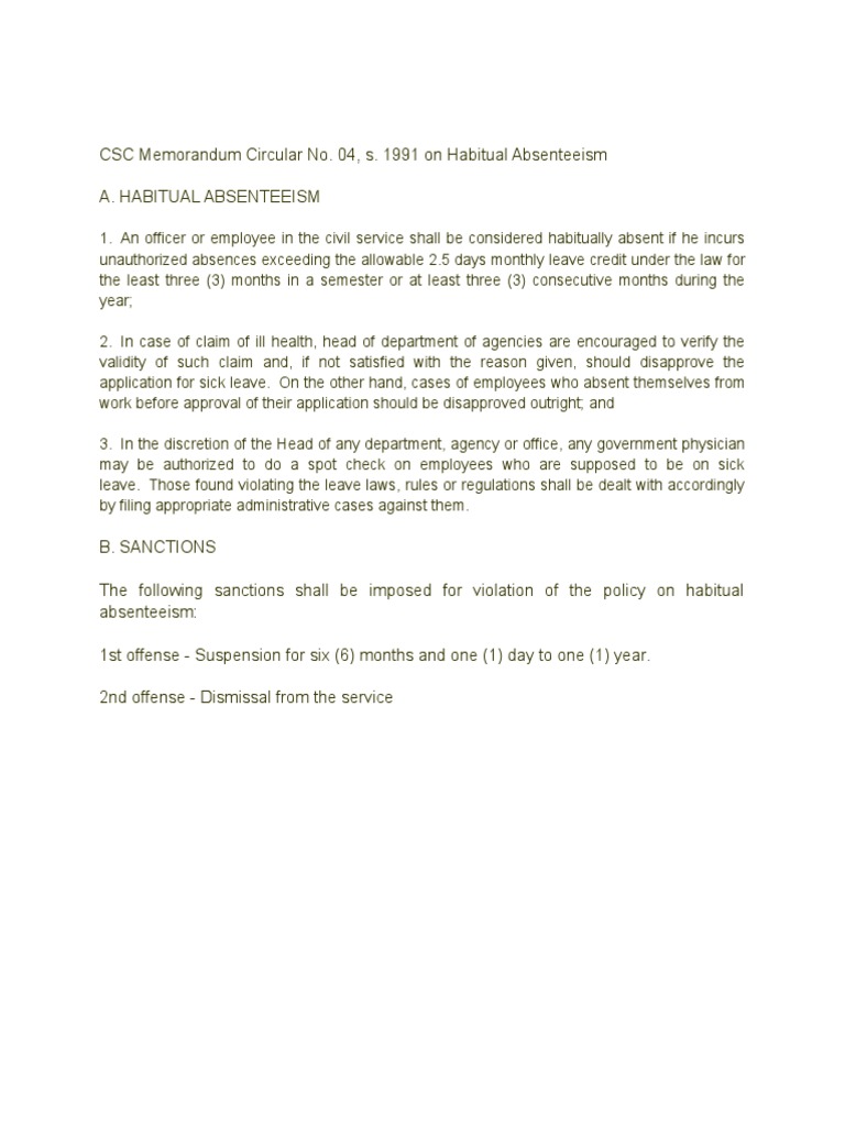 CSC Memorandum Circular No Habitual Absenteism | PDF | Law