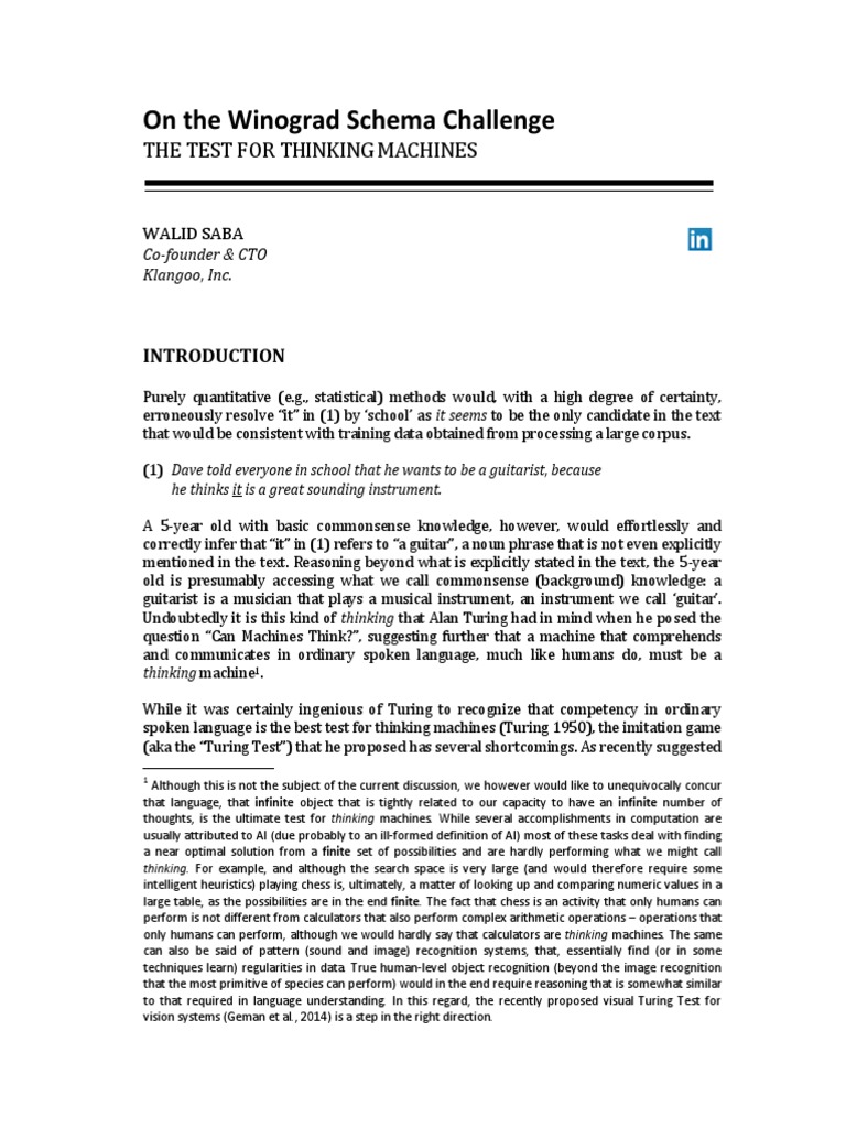 On The Winograd Schema Challenge - Towards A New Test For Thinking ...