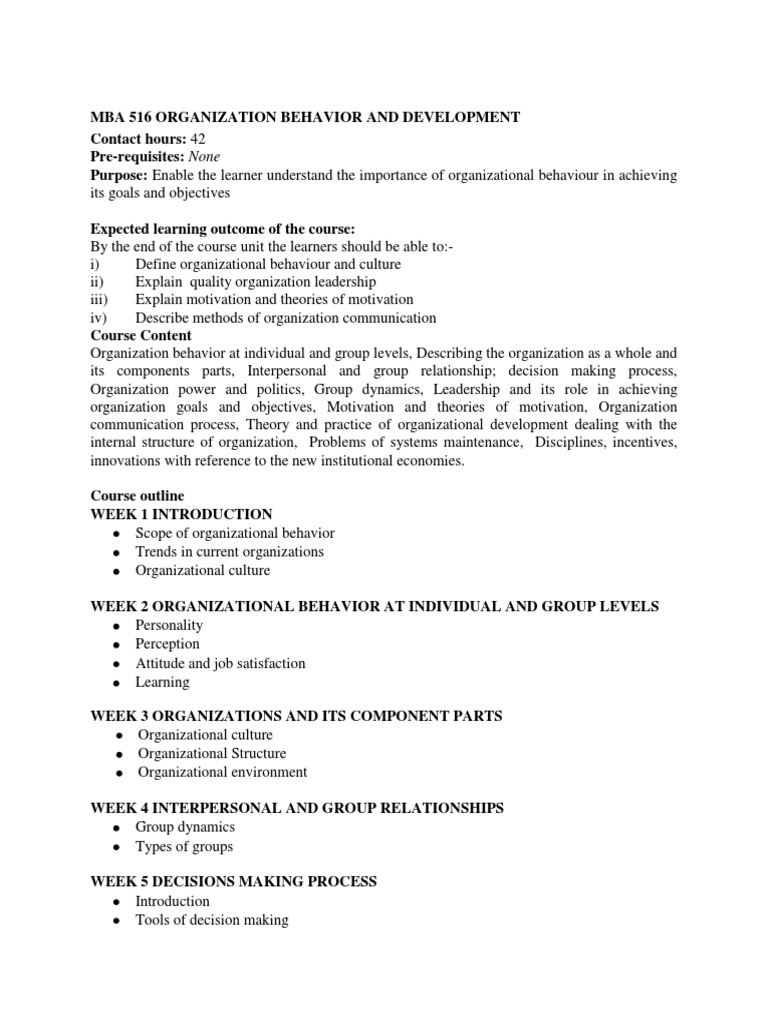 Mba 516 Organization Behavior and Development | PDF | Organizational ...