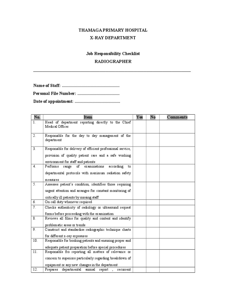 Job Responsibility Checklist - Radiogrpher | PDF | Radiation Protection ...