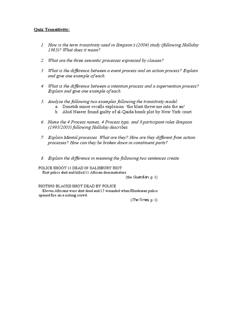 Quiz Transitivity Without Answers | PDF | Linguistics | Semiotics