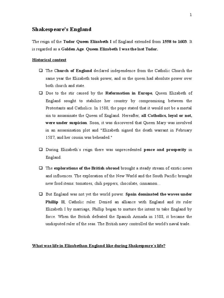 SUMMARY SHAKESPEARE´S ENGLAND | William Shakespeare | Elizabethan Era