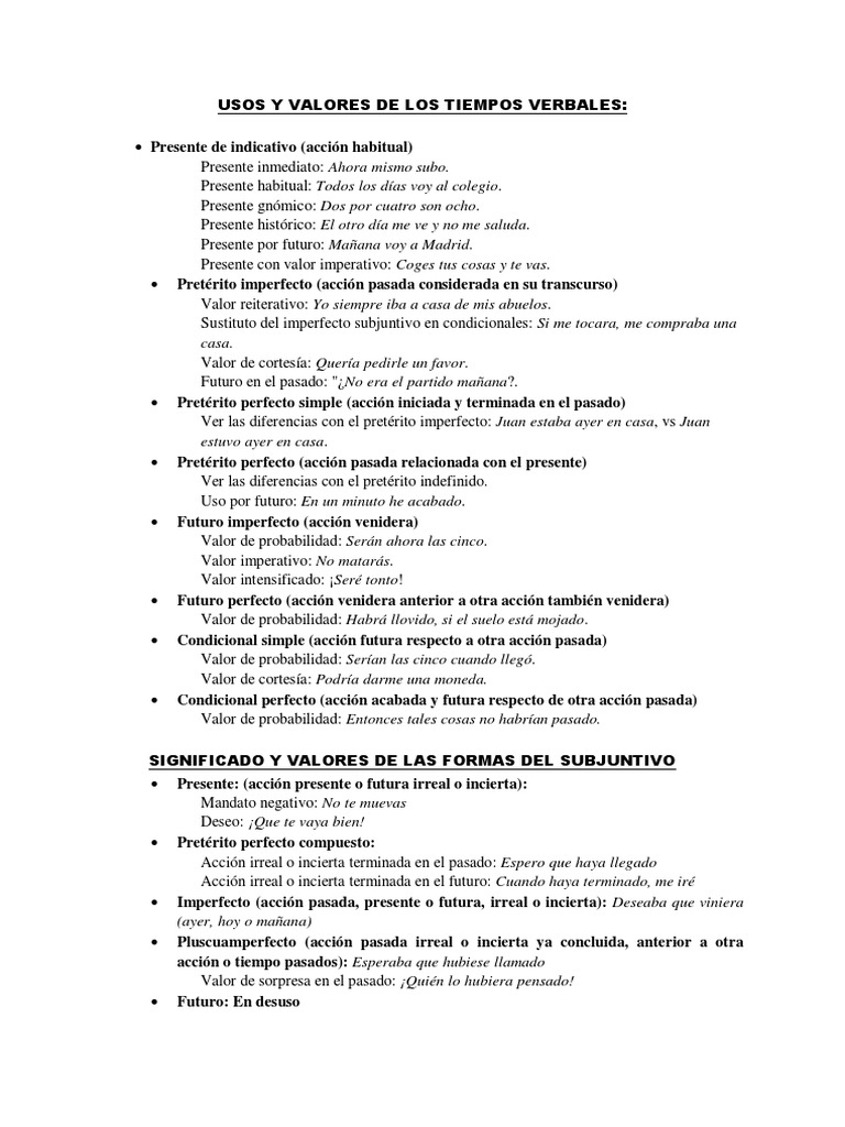 Usos y Valores de Los Tiempos Verbales PDF | PDF | Artes del Lenguaje y ...