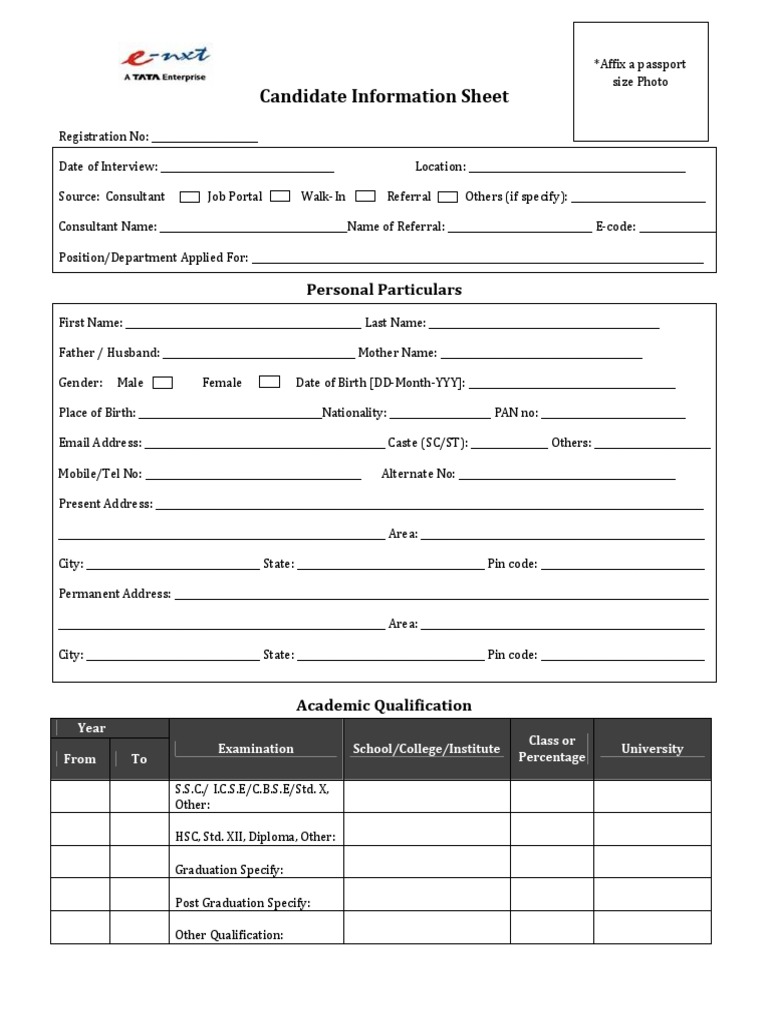 Candidate Information Form PDF | Download Free PDF | Labour | Employment