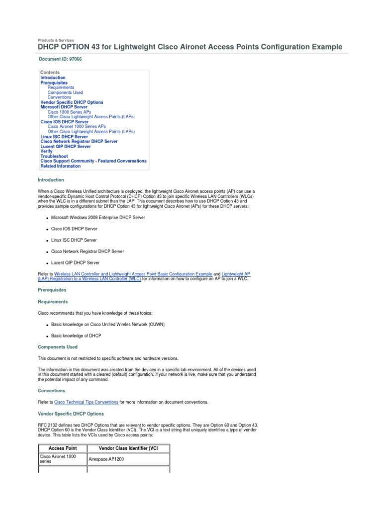 Configure DHCP Option 43 | PDF | Wireless Access Point | Ip Address