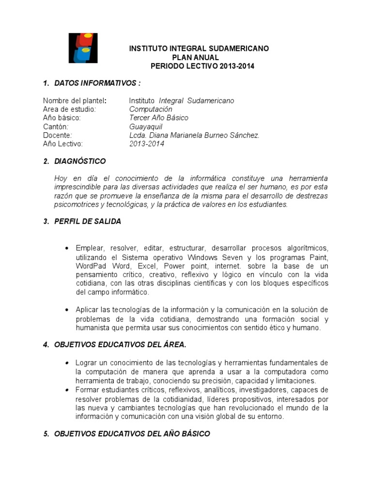 Plan Anual Computacion 3ER AÑO | PDF | Microsoft Excel | Microsoft Word