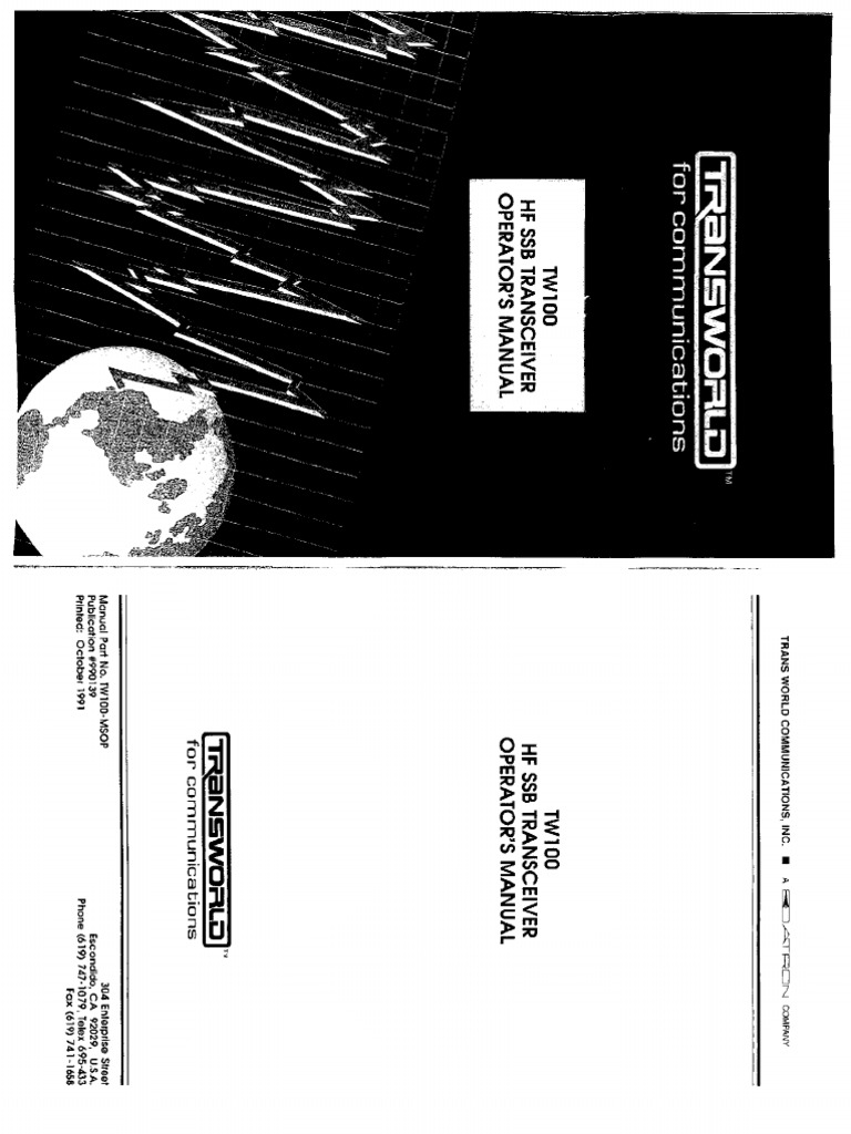 Transworld TW100 HF SSB Transceiver - Condensed Operator Manual 1991 | PDF