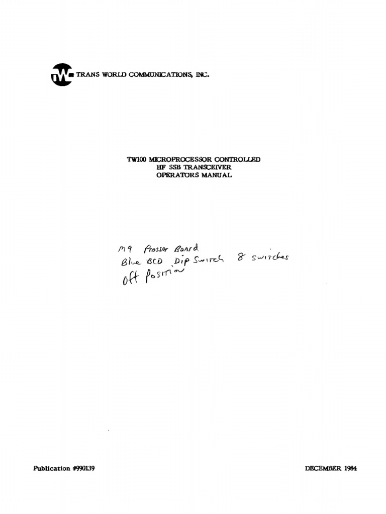 Transworld TW100 HF SSB Transceiver - Operator Manual 1984 | PDF ...