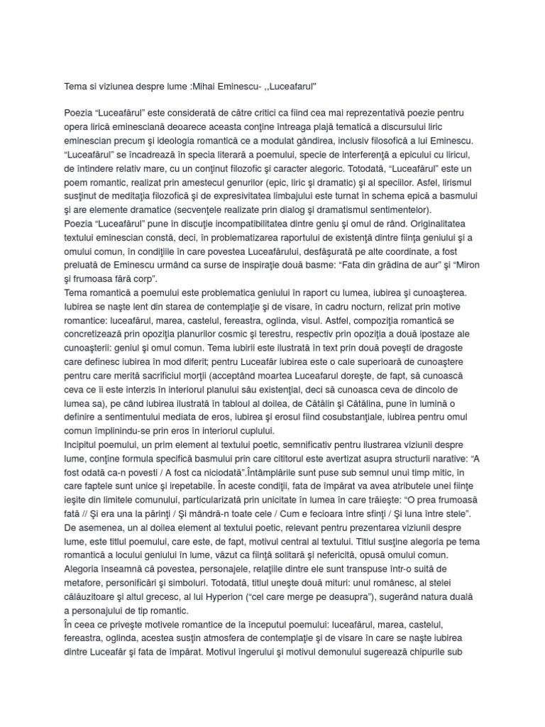 Tema Si Viziunea Despre Lume Luceafarul | PDF