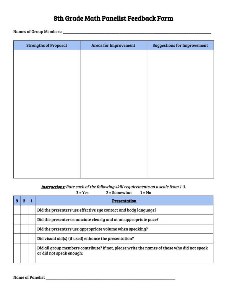 8th Grade Math Feedback Form | PDF