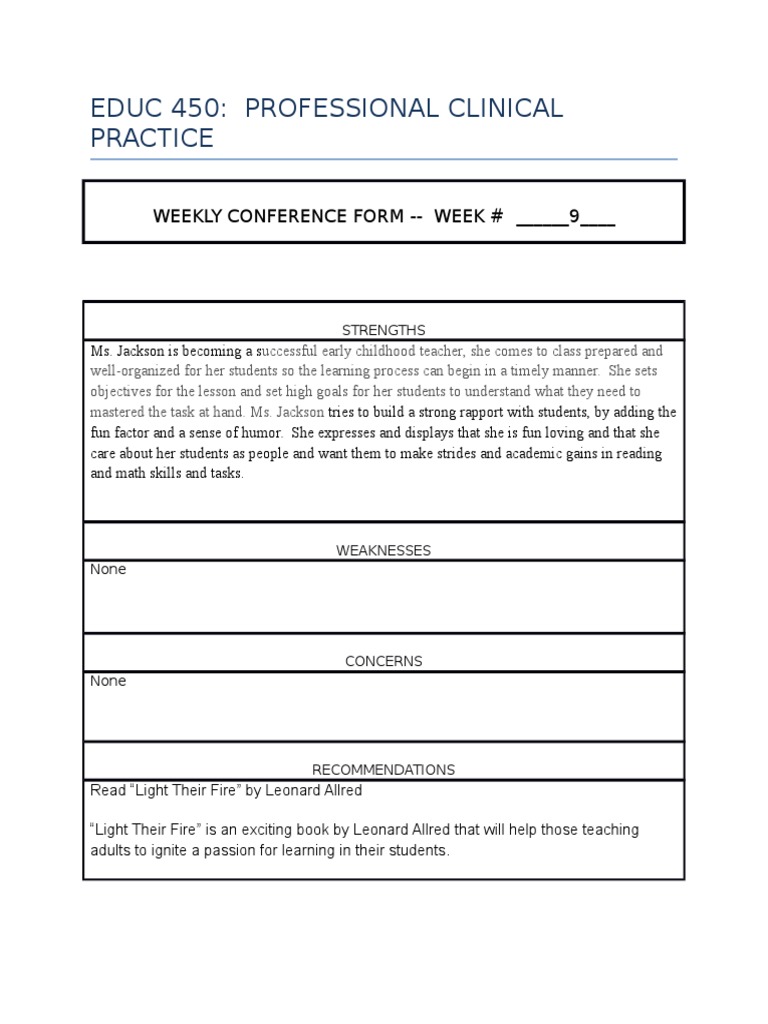 Weekly Conference Form: Ms. Jackson's Progress | PDF | Teachers ...