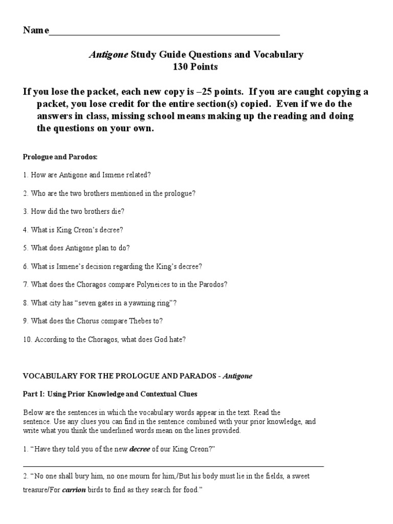 Antigone Study Guide and Vocabulary | PDF | Religion And Belief