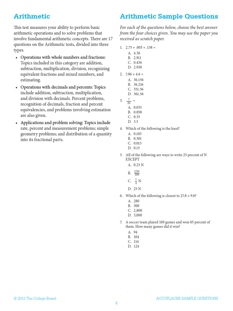 Accuplacer Sample Questions For Students | PDF | Factorization | Equations