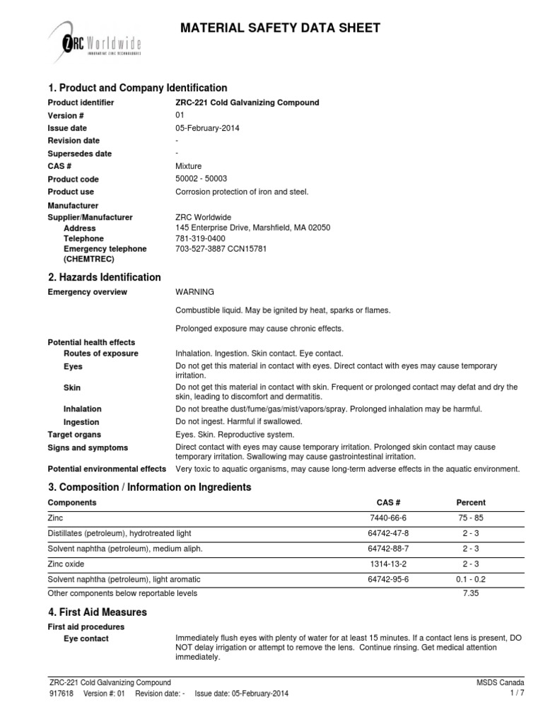 MSDS Canada - ZRC-221 Cold Galvanizing Compound | PDF | Dangerous Goods ...