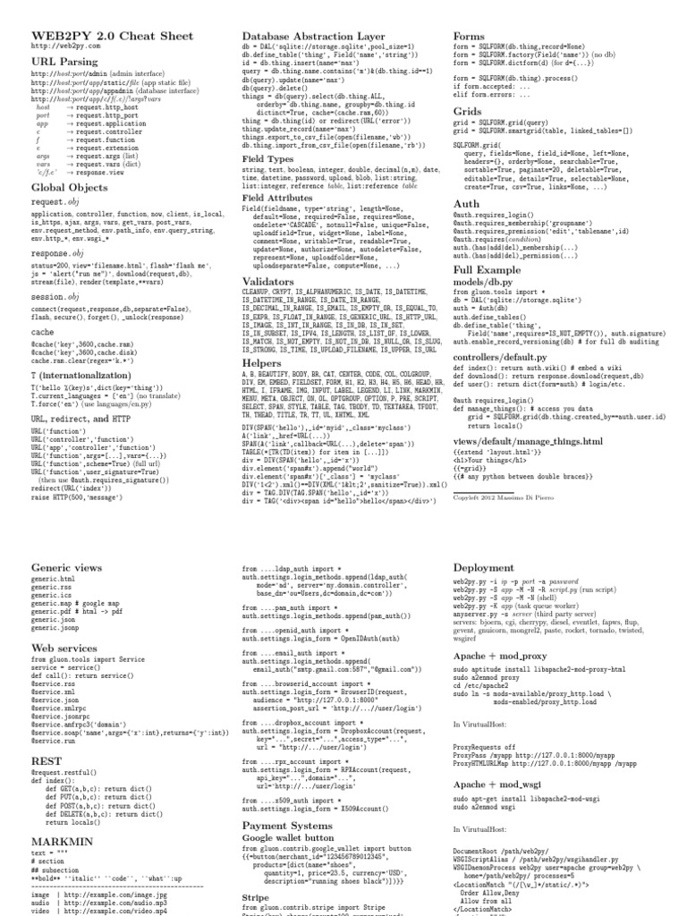 WEB2PY 2.0 Cheat Sheet: Database Abstraction Layer Forms | PDF | Teaching Methods & Materials ...