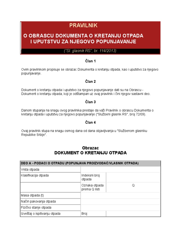 Pravilnik o Obrascu Dokumenta o Kretanju Otpada | PDF