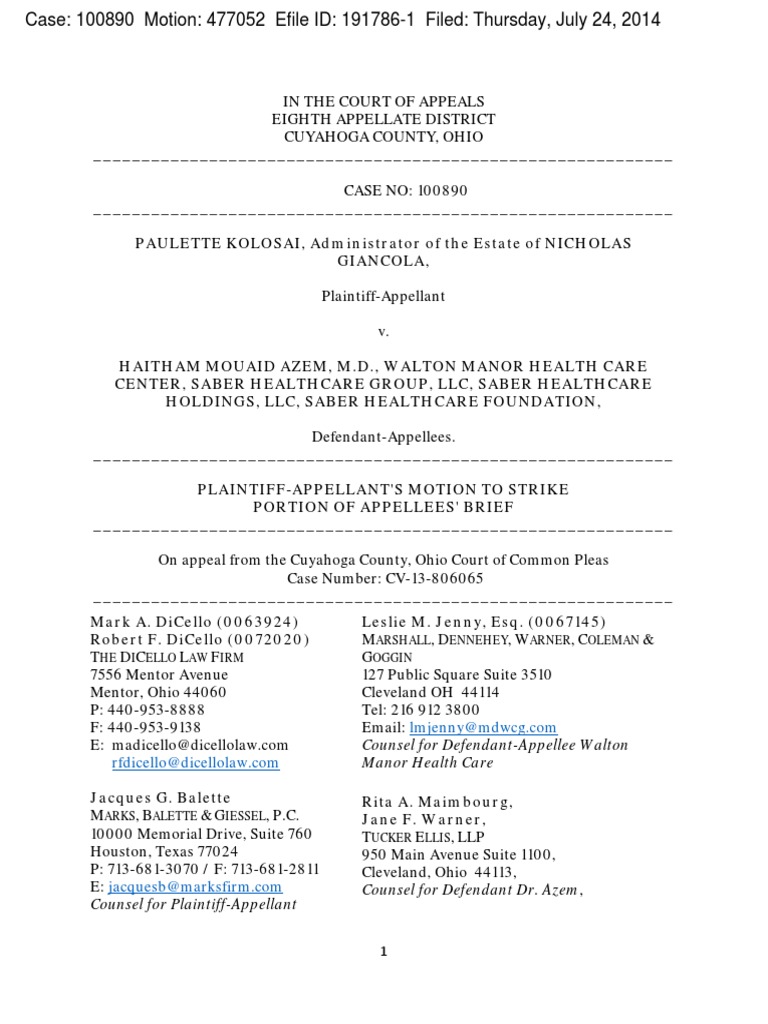 CA 100890 Appellant's Motion to Strike | Brief (Law) | Appeal