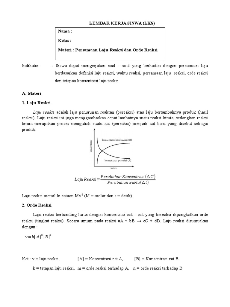 LKS Laju Reaksi (Persamaan Laju Reaksi Dan Orde Reaksi) | PDF