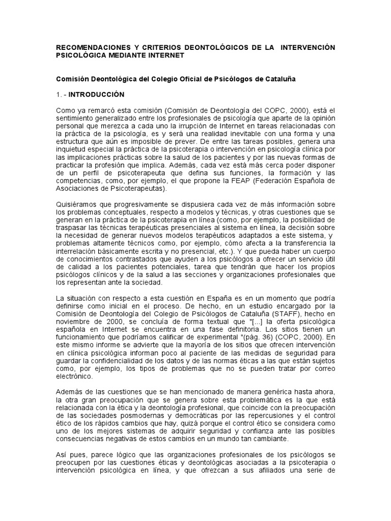 CRITERIOS DEONTOLÓGICOS DE LA INTERVENCIÓN PSICOLÓGICA POR INTERNET ...