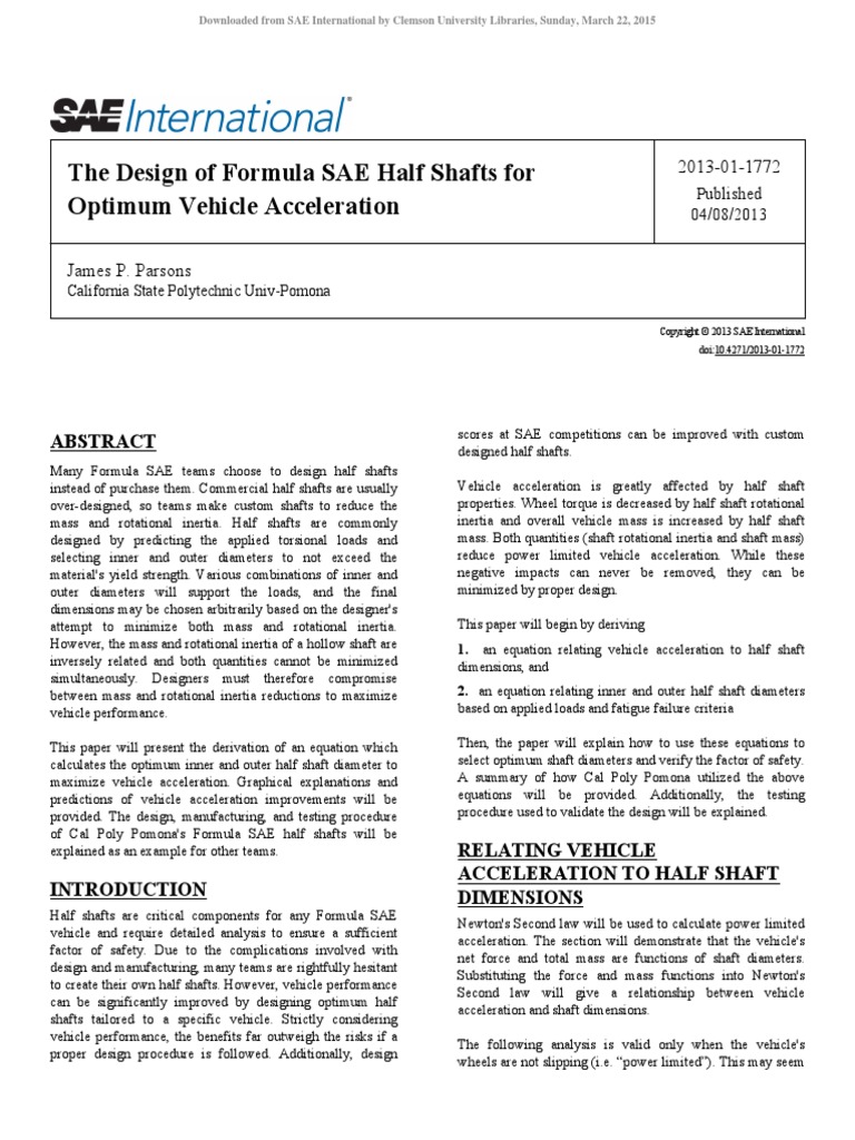 The Design of Formula SAE Half Shafts For Optimum Vehicle Acceleration ...