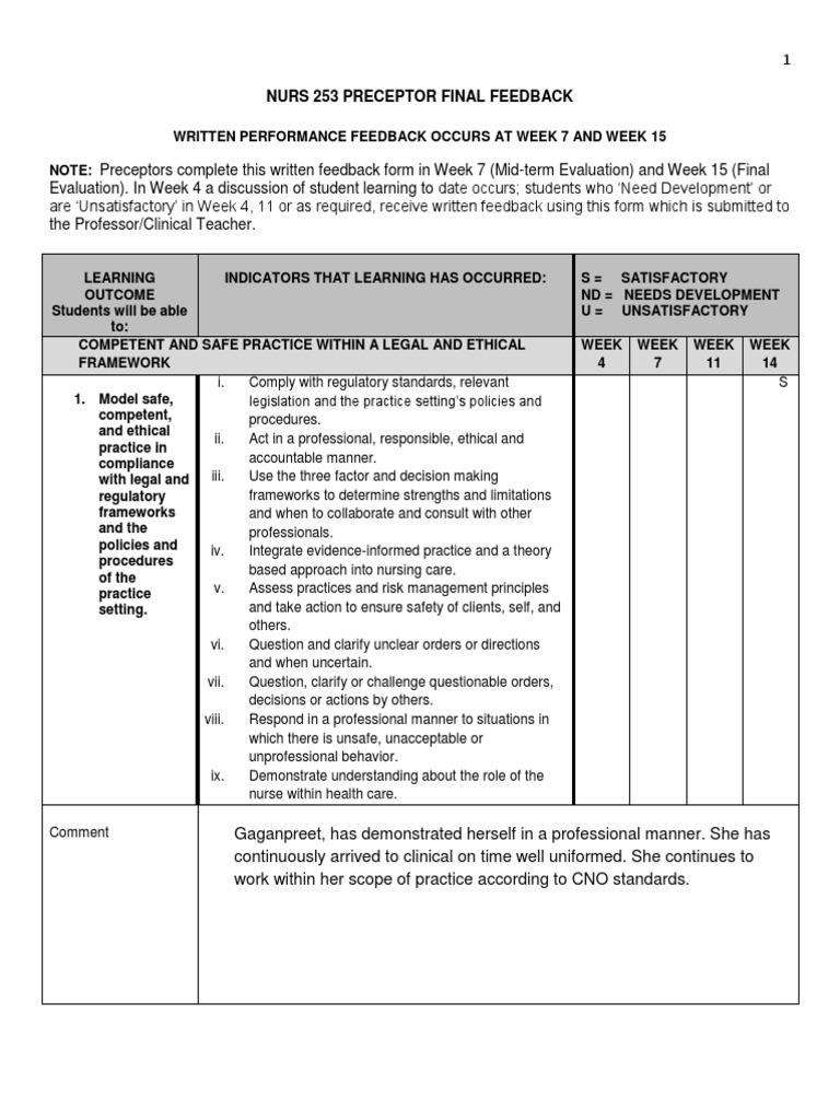 Nurs 253 Preceptor Evaluation Forms - Den1 | PDF | Nursing | Health Care