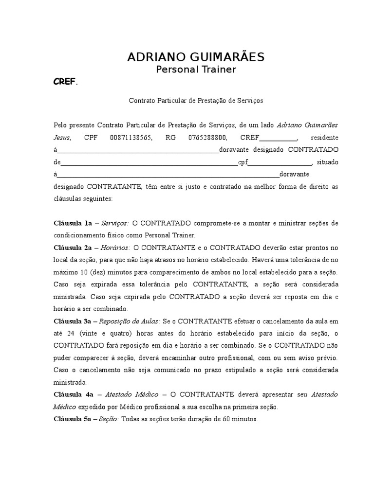 Contrato de Personal Trainer | PDF | Business