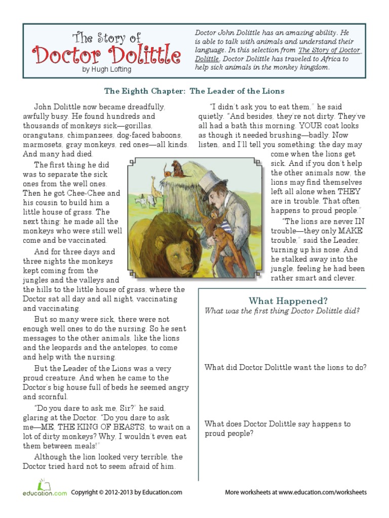 Reading Comprehension Dr Dolittle Worksheet | Lion
