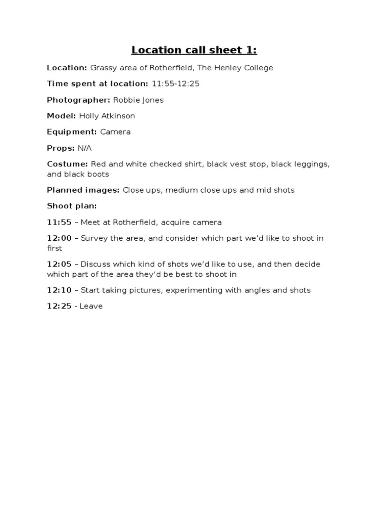 Location Call Sheet 1 | PDF