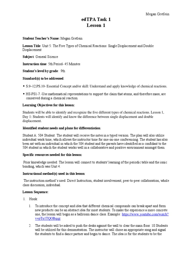 EdTPA Task 1 Lesson 1 | PDF | Chemical Compounds | Chemical Bond