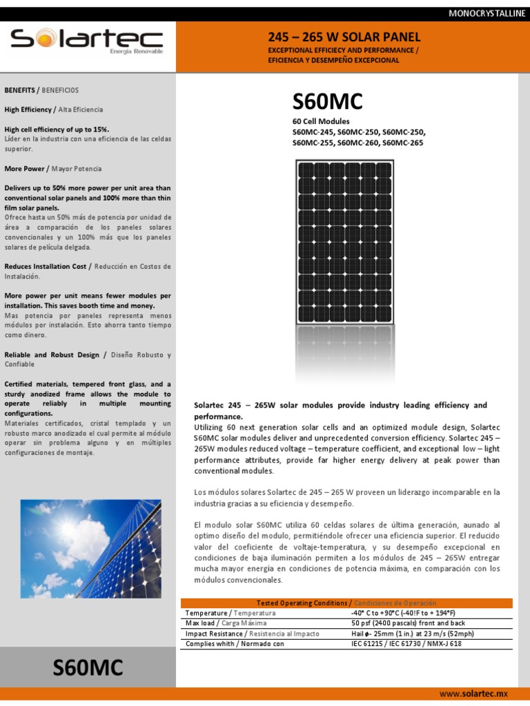 Ficha Técnica Panel Solar S60MC 245-265W | PDF | Panel solar | Fotovoltaica