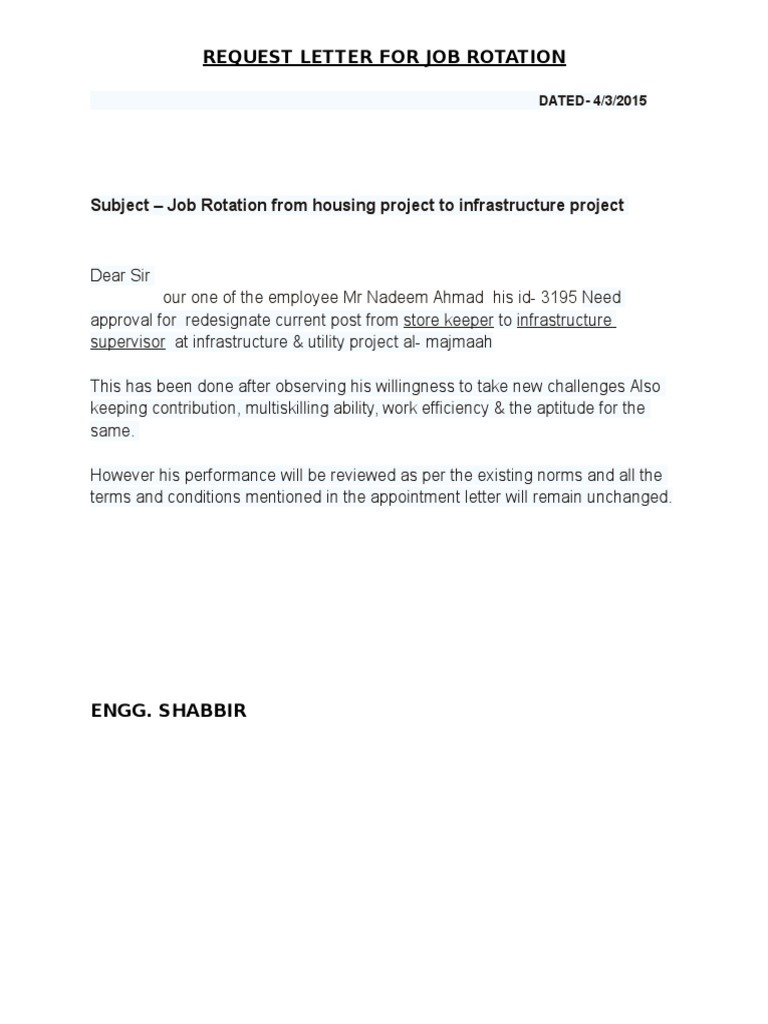 Request Letter For Job Rotation: Subject - Job Rotation From Housing ...