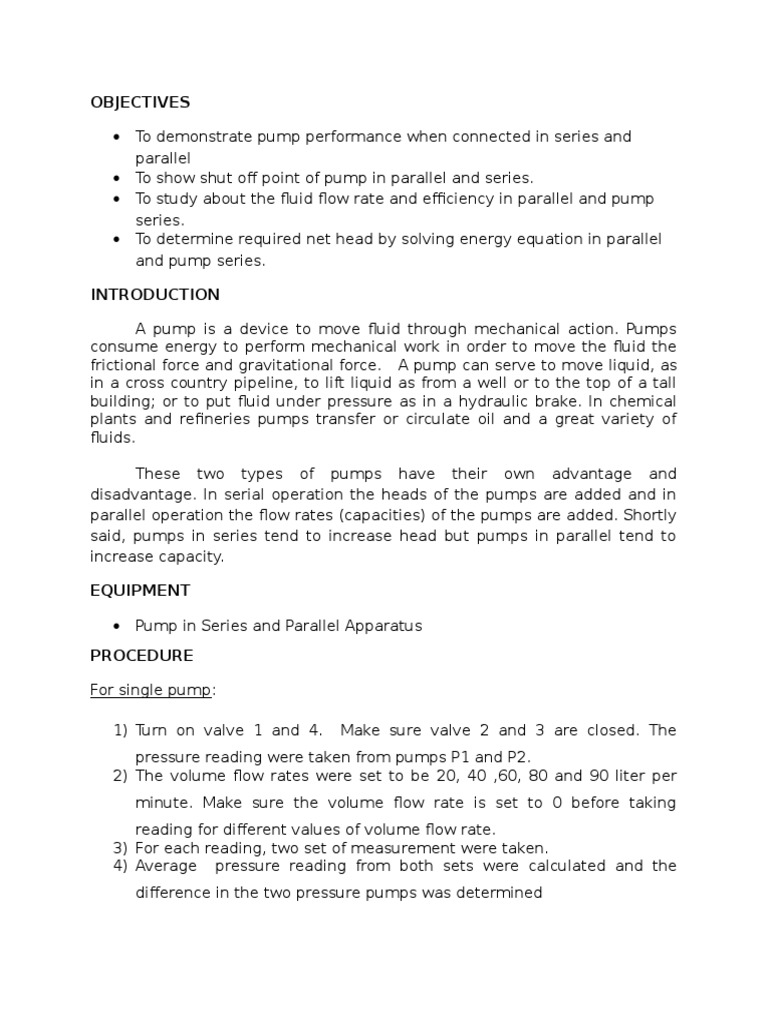 Fluid Lab Pump In Parallel And Series Pdf Pump Pressure