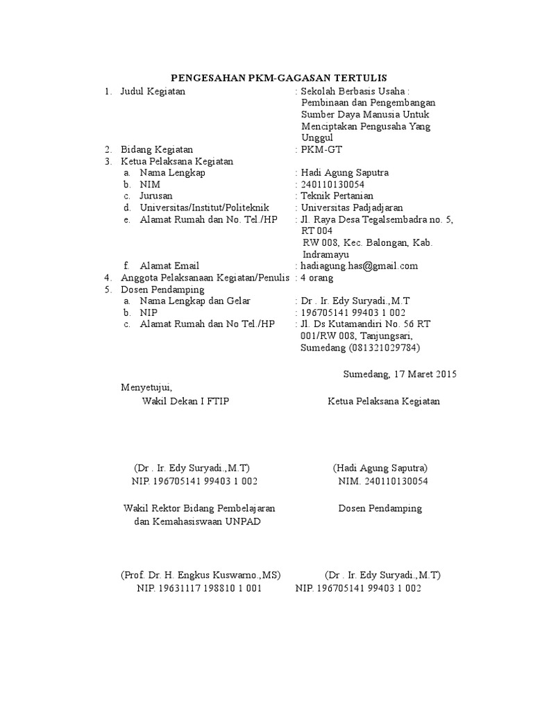 Contoh Lembar Pengesahan PKM | PDF