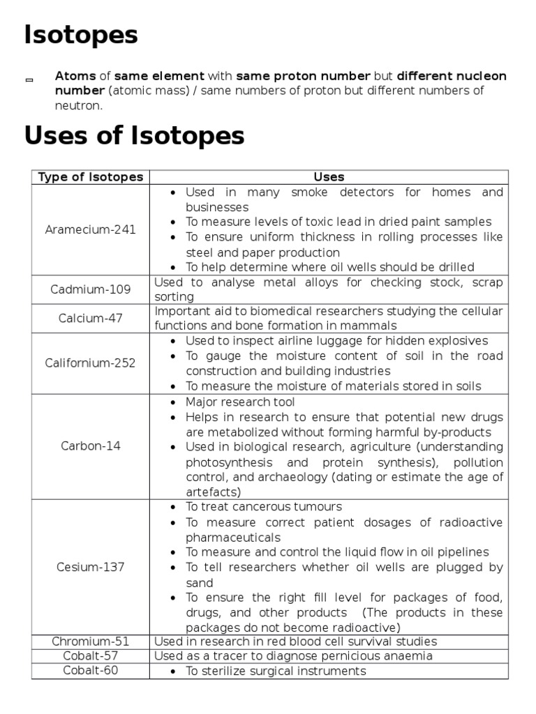 Isotopes and Its Uses | PDF | Isotope | Radiation Therapy