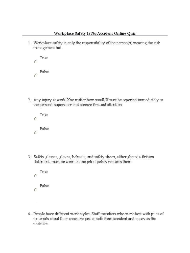 Workplace Safety Is No Accident Online Quiz | PDF | Elevator ...