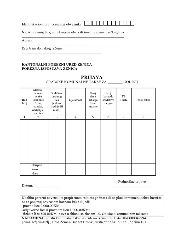 Obrazac Prijave Komunalne Takse | PDF
