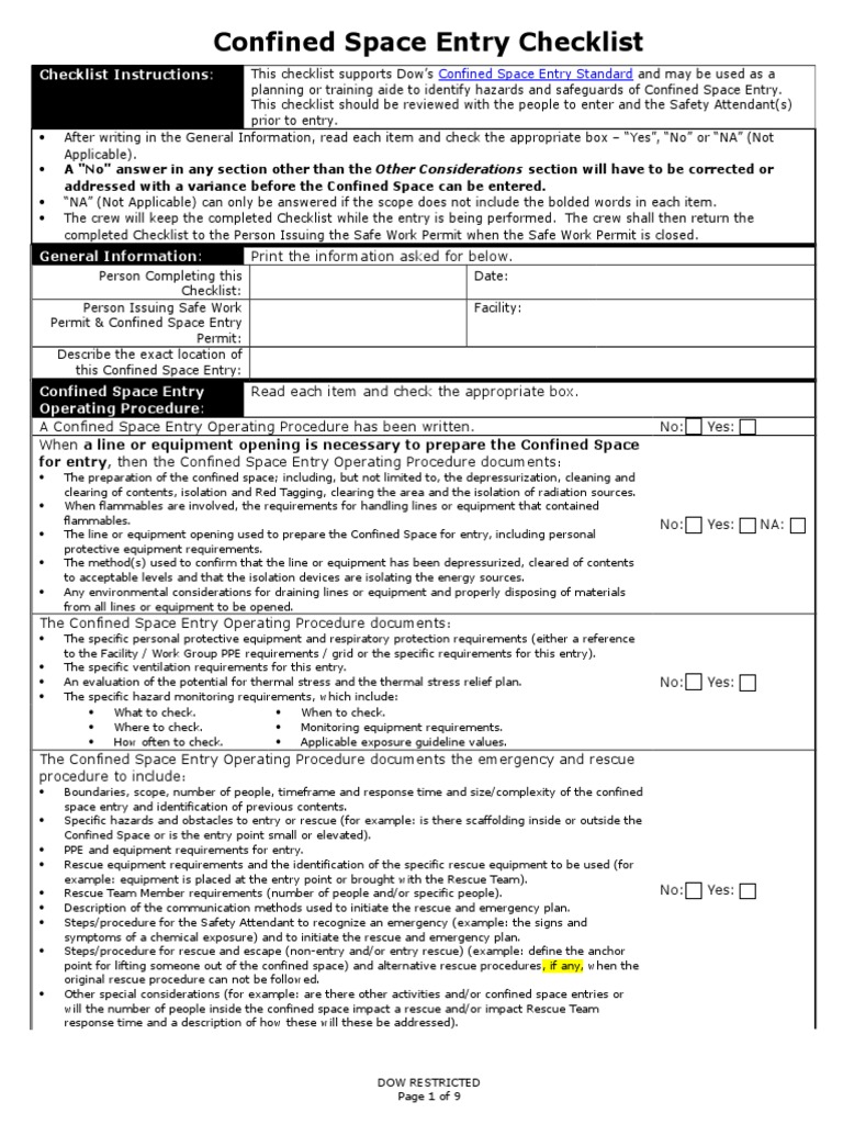 Confined Space Entry Checklist | PDF | Personal Protective Equipment | Ventilation (Architecture)